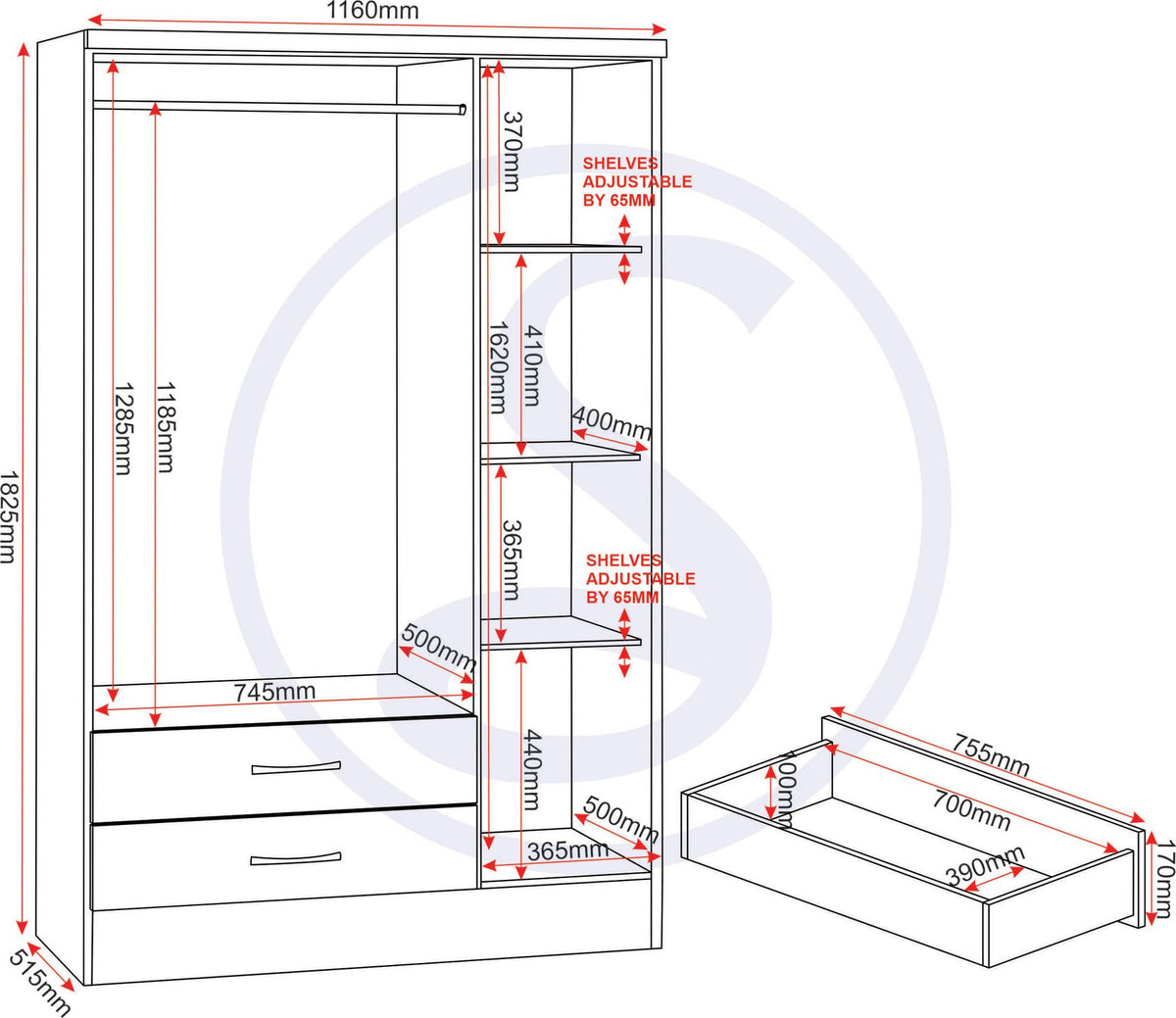 Utah 3 Door 2 Drawer Mirrored Wardrobe - Black Wood Grain – Pine & Oak ...