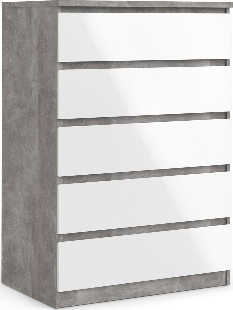 Naia Chest of 5 Drawers in Concrete and White High Gloss – Pine & Oak ...